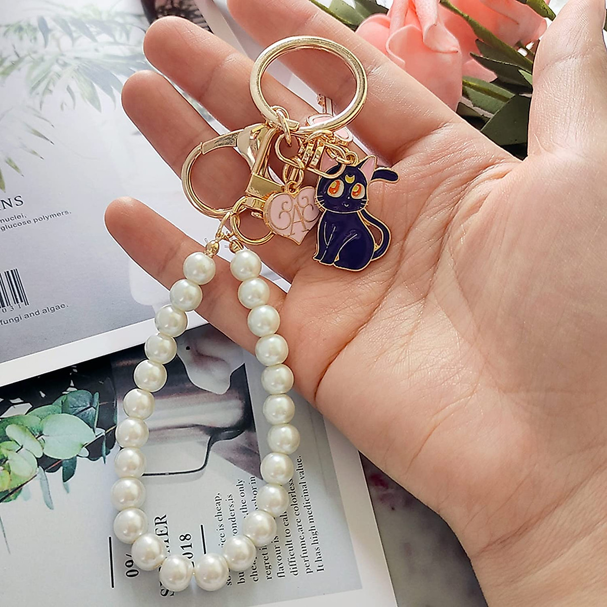 Cute Moon Cat Keychain Key Charm Aesthetic Gift for Women Girls Anime Fans (Purple Kitty)