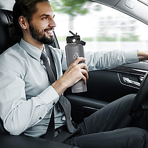 BUZIO Stainless Steel Water Bottle Vacuum Insulated (Cold for 48 Hrs, Hot for 24 Hrs), Graphite 32oz Tumbler Travel Flask with Straw Lid and Flex Cap, Fit in Any Car Cup Holder