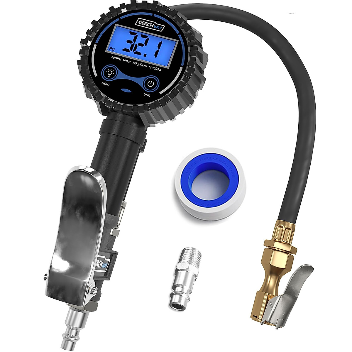 Digital Tire Inflator with Pressure Gauge and Longer Hose, Air Chuck with Gauge for Air Compressor - 200PSI
