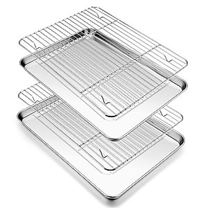 P&P CHEF 12.5 Inch Toaster Oven Pan and Rack Set，4 Pieces Stainless Steel Baking Pan Oven Trays with Cooling Rack, Non Toxic & Dishwasher Safe，2 Pans + 2 Racks