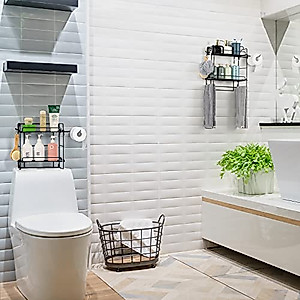 Vrisa 2 Pack Over The Toilet Storage Shelf 2-Tier Bathroom Organizer Over Toilet Multifunctional Toilet Rack with Hook and Paper Holder No Drilling Space Saver with Wall Mounted Design(Black)