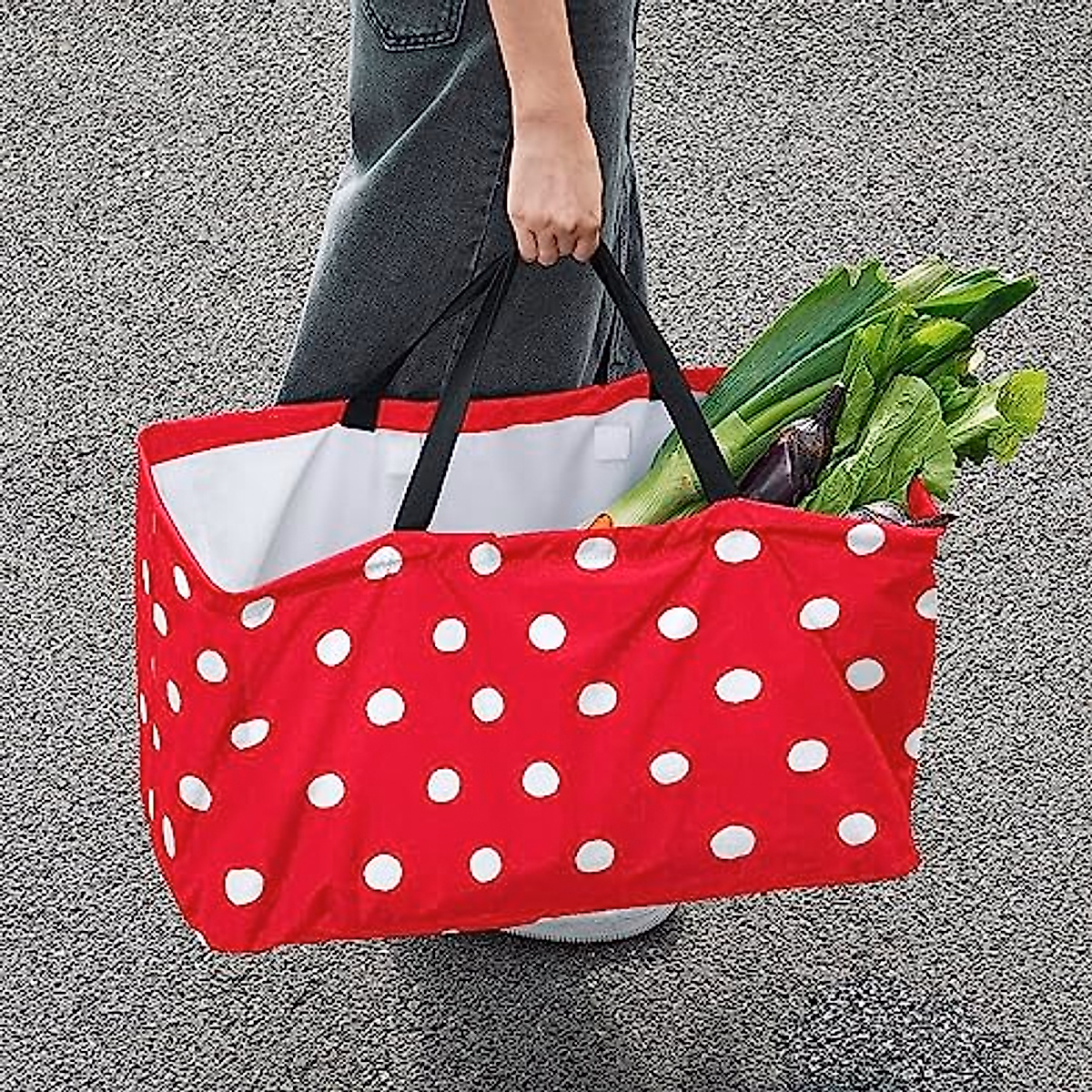 KQNZT Reusable Grocery Bags, Large Foldable Reusable Shopping Tote Bags Bulk for Groceries, Waterproof Kitchen Cloth Produce Bags with Long Handles, Pink White Wave Dot Fashion