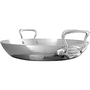 Mauviel M'Elite 5-Ply Hammered Polished Stainless Steel Paella Pan With Cast Stainless Steel Handles, 15.7-in, Made in France