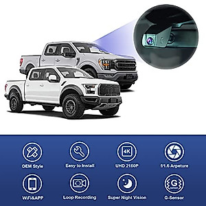 Fitcamx 4K Dash Cam Compatible with Ford F150 2021 2022 Limited XLT XL Raptor Lariat Platinum King Ranch Tremor, OEM Factory Style, UHD 2160P Video WiFi, G-Sensor, Loop Recording, Plug&Play, 64GB Card