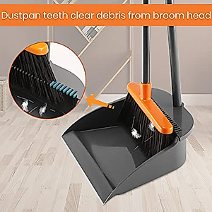 Broom and Dustpan Set for Home,Long Handle Broom with Upright Standing Dustpan,Broom and Dustpan Combo for Office Home Kitchen Lobby Floor Cleaning