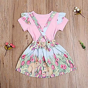 Toddler Kids Baby Girls Easter Outfits Ruffle Short Sleeve T-Shirt Top + Bunny Print Suspender Strap Skirt Outfit Overall Skirt Set (Pink, 12-18 Months)