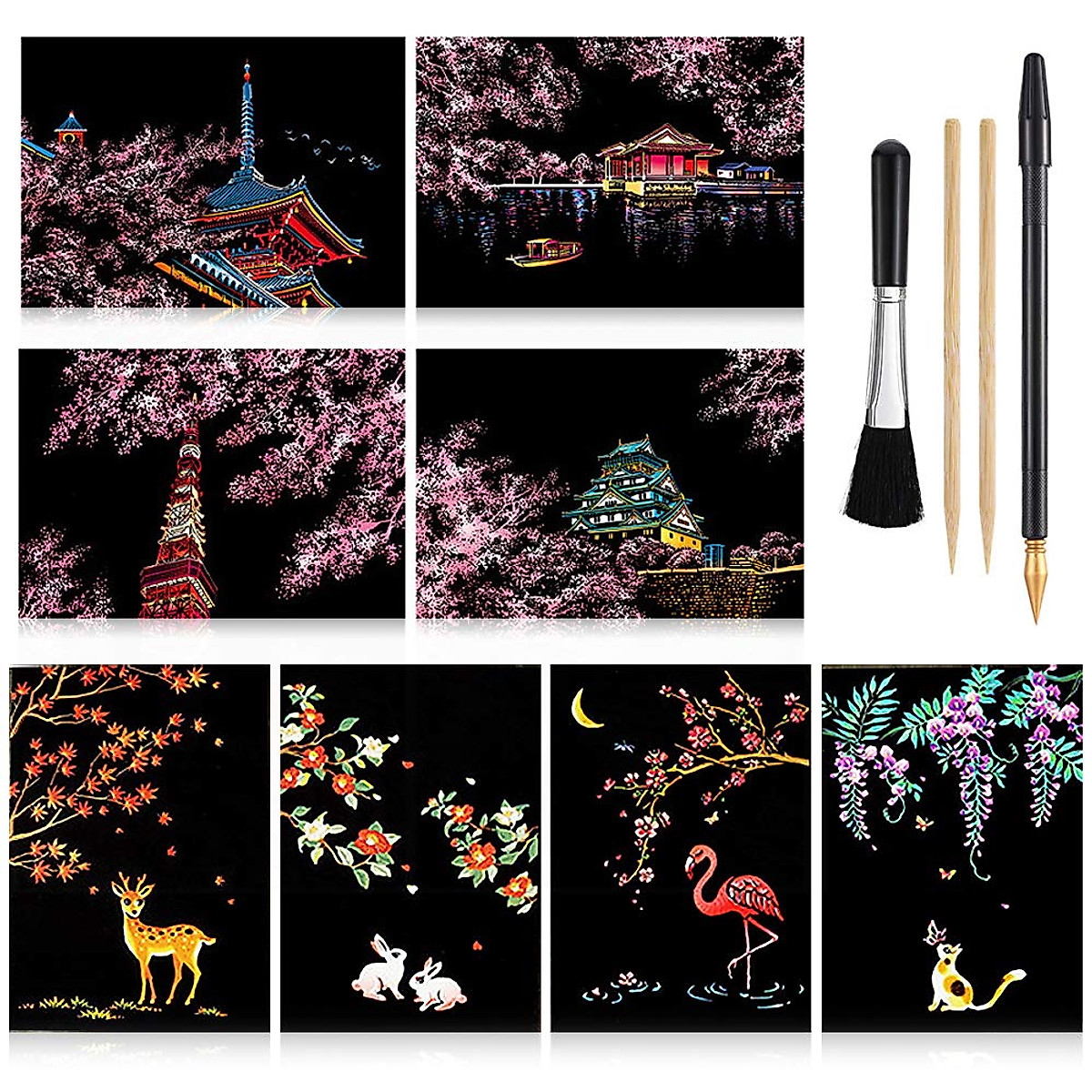 Scratch Paper Art Set, 8 Sheets Rainbow Painting Scratch Off Art Cherry Blossom & Animal Mini Postcard, Art Craft Supplies for Adults Girls & Boys Thanksgiving Christmas Birthday Party Game Gift