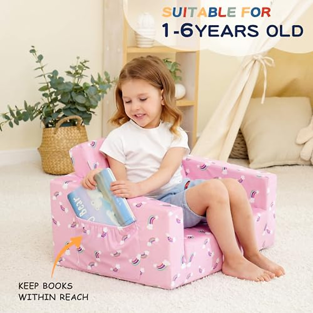 MallBest Kids Sofas Toddler Couch Bed Baby's Upholstered Chair Sleepover Couch Flipout Open Recliner(Pink/Rainbow)