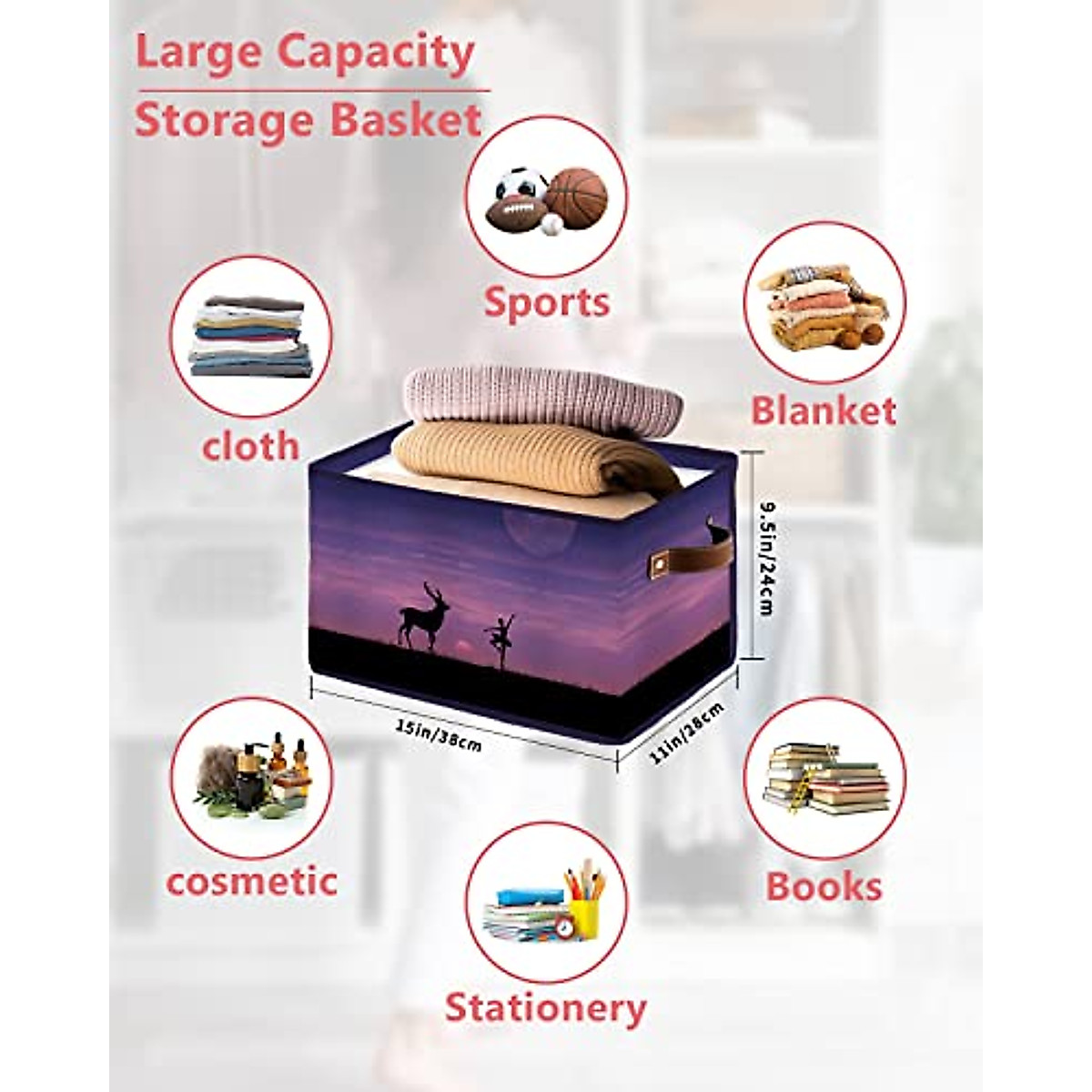 1 Pack Forest Deer Cube Storage Organizer Bins with Handles,Collapsible Canvas Cloth Fabric Storage Basket,Wild Purple Starry Sky Sunset Dancing Women Books Kids' Toys Bin Boxes for Shelves,Closet