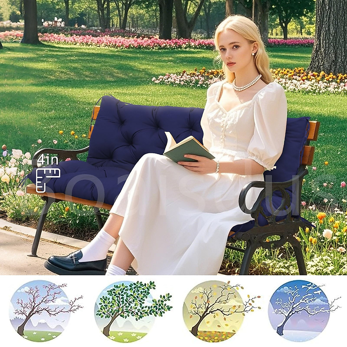 Swing Cushions 3 Seater Replacement Waterproof Porch Swing Cushions with Backrest and 8 Ties Thicken 4" Bench Cushion Replacement Patio Swing Cushion for Outdoor Furniture(Navy Blue 60x40in)