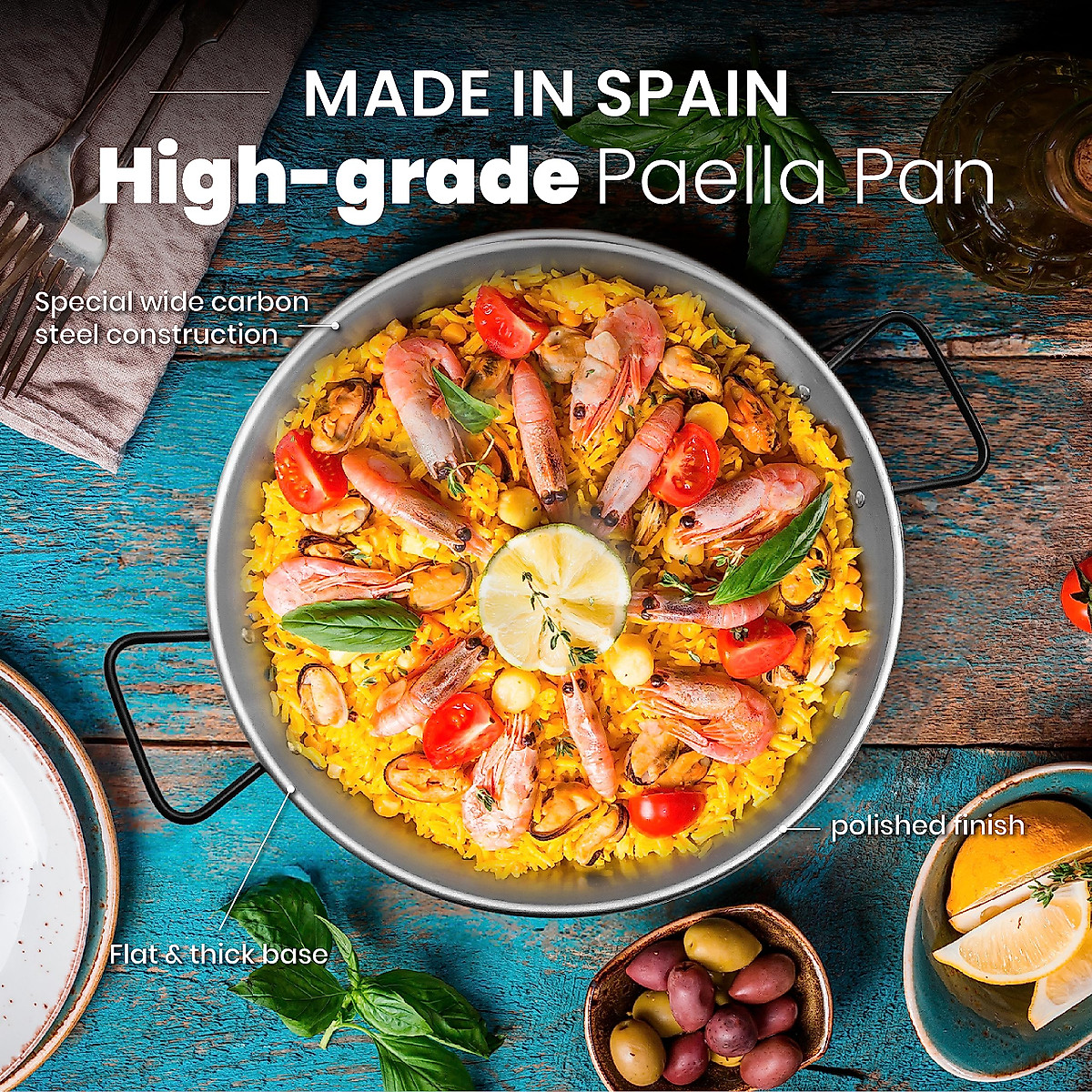 Machika Professional Carbon Steel Pan | Carbon Steel Skillet for Cooking Mediterranean Food | Premium Skillet for Professional Use | Serve Up to 6 Servings | 18 Inches |