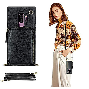 DEFBSC Crossbody Zipper Wallet Samsung Galaxy S9 Plus Case, PU Square Case with Chain Credit Card Holder Slot Shoulder Handbag Purse Wrist Strap Case for Samsung S9 Plus 6.2 Inch(Black)