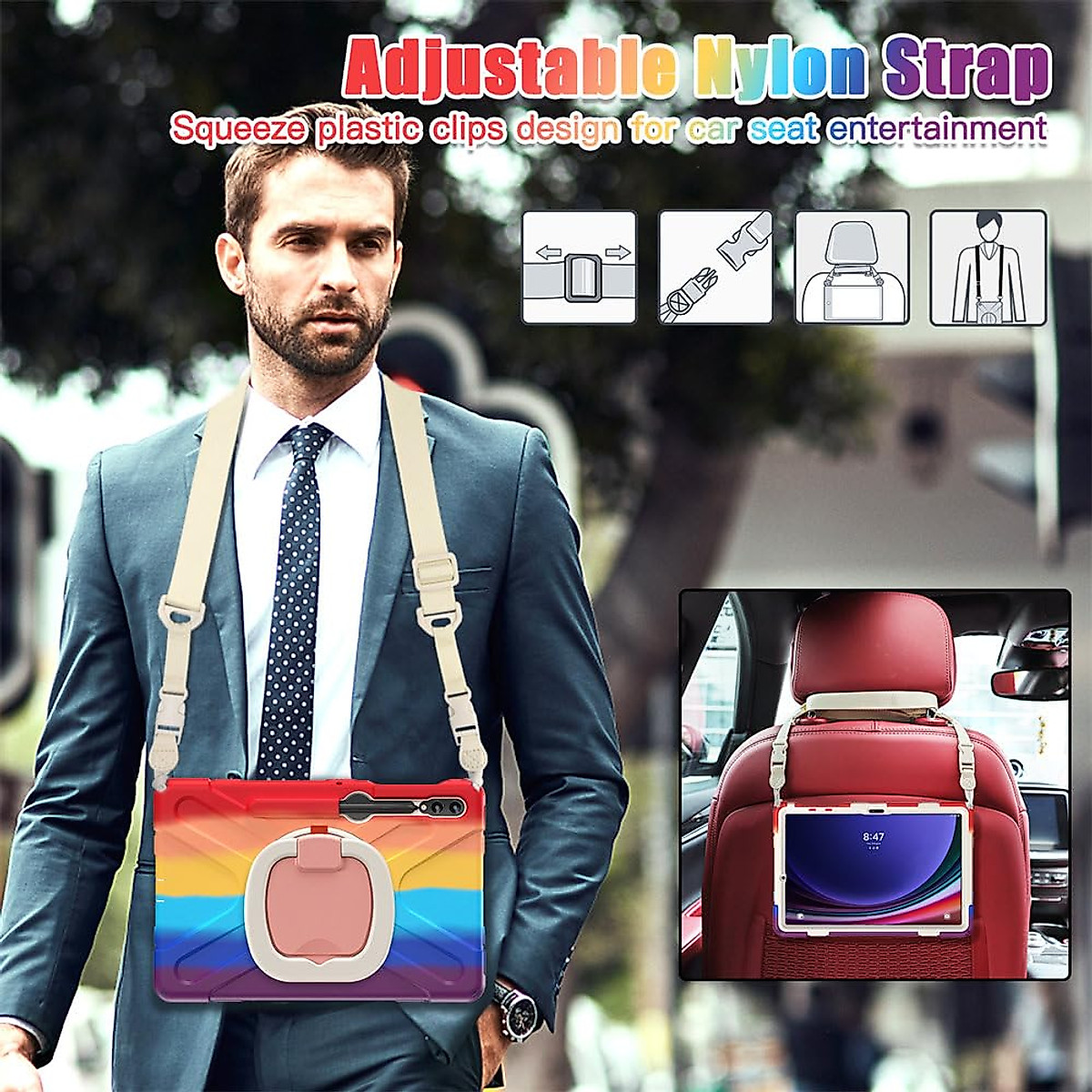 for Samsung Galaxy Tab S7 FE SM-T730 T733 T736 Case 12.4 inch Tablet Case 3in1 Heavy Duty Rugged Double Silicone + Hard Plastic Frame with Shoulder Strap & Round Kickstand - C