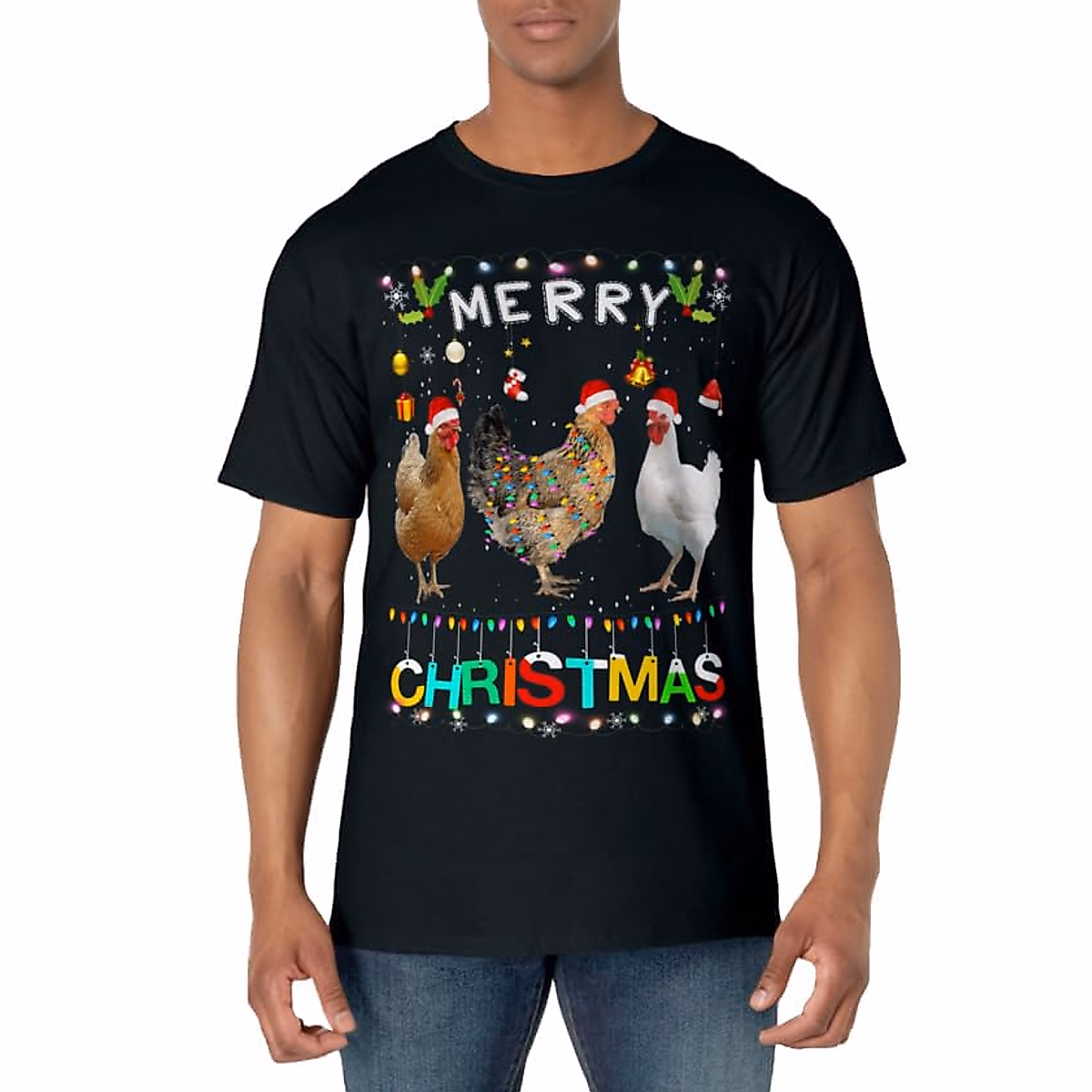 Merry Christmas Chicken Shirt Santa Hat Lights Xmas Funny T-Shirt