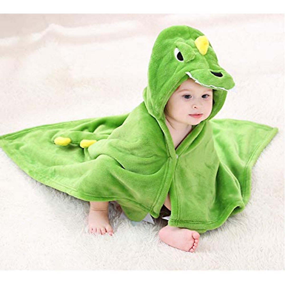 TONWHAR 0-4 Years Toddlers' And Kids' Boys Girls Animal Face Hooded Blanket Baby's Bathrobe,Plush After Bath Blanket (Green Dinosaur)