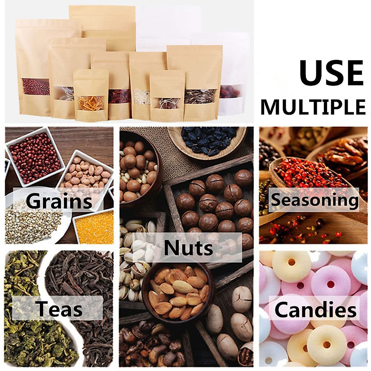 50 pcs Kraft Bags with Window Stand Up Ziplock Seal Paper Bag Resealable Large Food Storage Pouch 10x14in