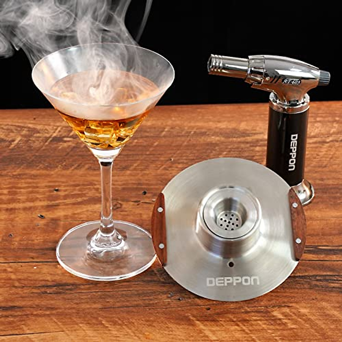 Cocktail Smoker Kit with Torch, Deppon Stainless Steel Smoker Top with 4 Kind of Wood Chips for Whisky and Bourbon, Old Fashioned Drink Smoker Kit for Home Bar Gift for Men, Dad, Husband (No Butane) (Silver)