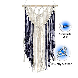 PlanterSam Macrame Wall Hanging with Removable Shelf - 100% Cotton Hanger for Indoor Plants - Aesthetic Room Decor and Hardware Included (Navy Blue)