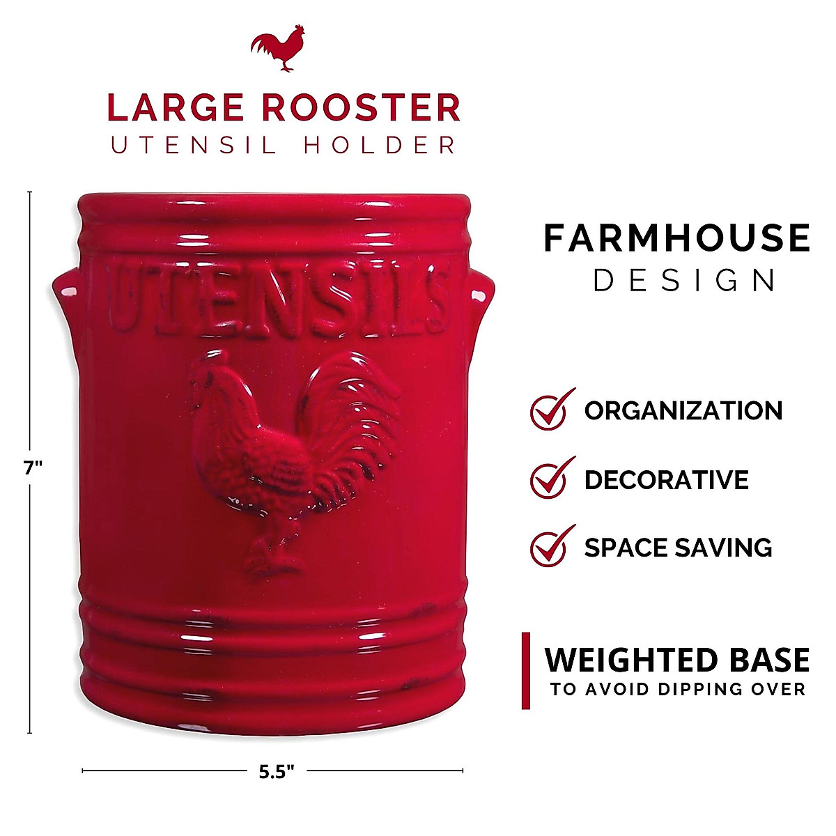 MosJos Kitchen Utensil Holder for Countertop - Large 7” Rustic Ceramic Utensil Crock - Dishwasher-Friendly Rooster Cooking Utensil Organizer Caddy for Farmhouse Kitchen Decor .red