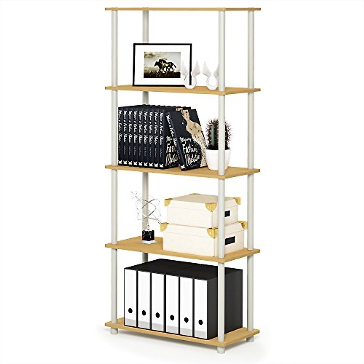 Furinno Turn-N-Tube 5-Tier Multipurpose Shelf/Display Rack/Storage Shelf/Bookshelf, Round Tubes, Beech/White & Turn-N-Tube Display Rack, 3-Tier Single, Beech
