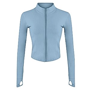 Yeokou Womens Active Zip Up Running Workout Cropped Bbl Athletic Jacket with Thumb Holes(Blue-L)