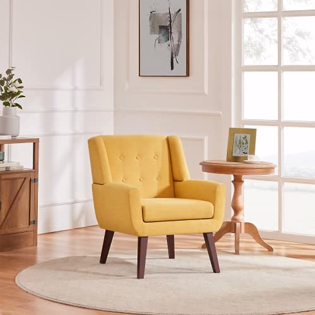 HUIMO Accent Chair, Button Tufted Upholstered Sofa Chairs, Comfy Linen Fabric Armchair for Bedroom, Reading, Mid-Century Modern Living Room Chair (Yellow)