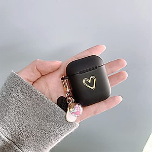 Ownest Compatible for AirPods Case Soft TPU with Gold Heart Pattern Cute Lucky Ball Keychain Shockproof Cover Case for Girls Woman Airpods 2 &1-Black