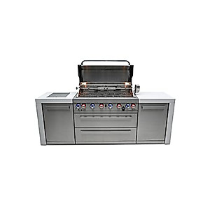 Mont Alpi MAi805-D 44-Inch 6-Burner 115000 BTU Stainless Steel Outdoor Kitchen Bar Island Barbecue Gas Grill w/Ceramic Infrared Rear & Side Burner + Granite Countertops + Storage Cabinets & Wheels