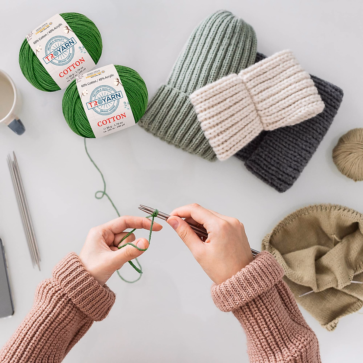 Troyarn Cotton 60% Cotton 40% Acrylic Yarn, Soft, Fine/Sport (2) for Crochet and Knitting 1.76 Oz (50g) / 180 Yds (165m) (10310 - Ecru)