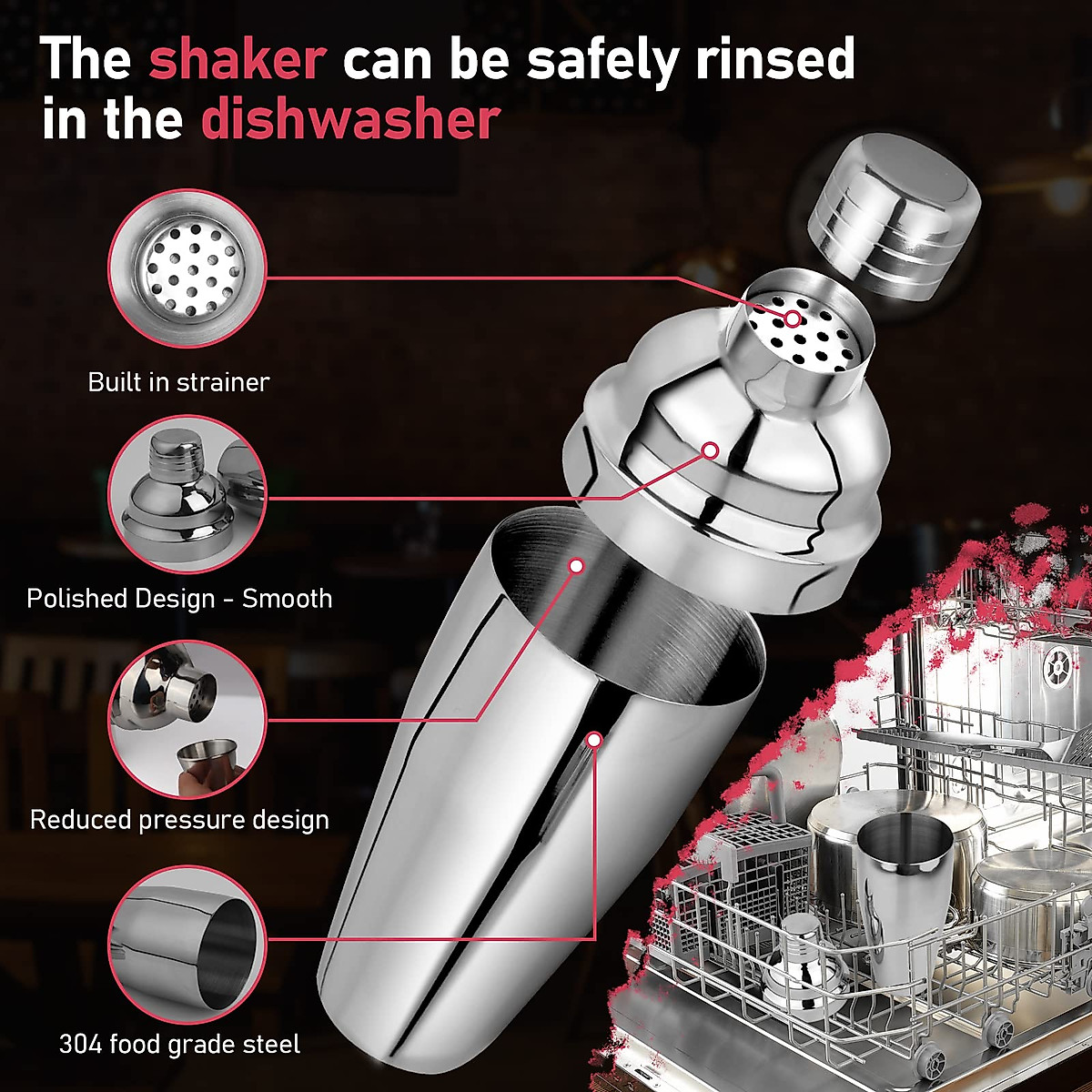 25oz Cocktail Shaker Set 5pcs Martini Shaker Set Portable Bartender Kit with Shaker, Mixing Spoon, Measuring Jigger, 2 Liquor Pour Spouts - Professional 18/8 Stainless Steel Bar Tools for Mixed Drinks