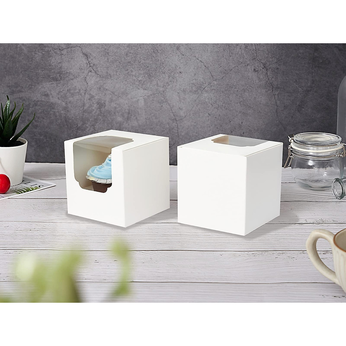 SHALLIVE 60 Pcs Cupcake Boxes Individual White with Insert, Auto Popup Single Cupcake Containers Hot Cocoa Bomb Boxes with Window for Cupcakes Treats Chocolate Strawberries Cookies for Graduation and Baby Shower Birthday Gifts