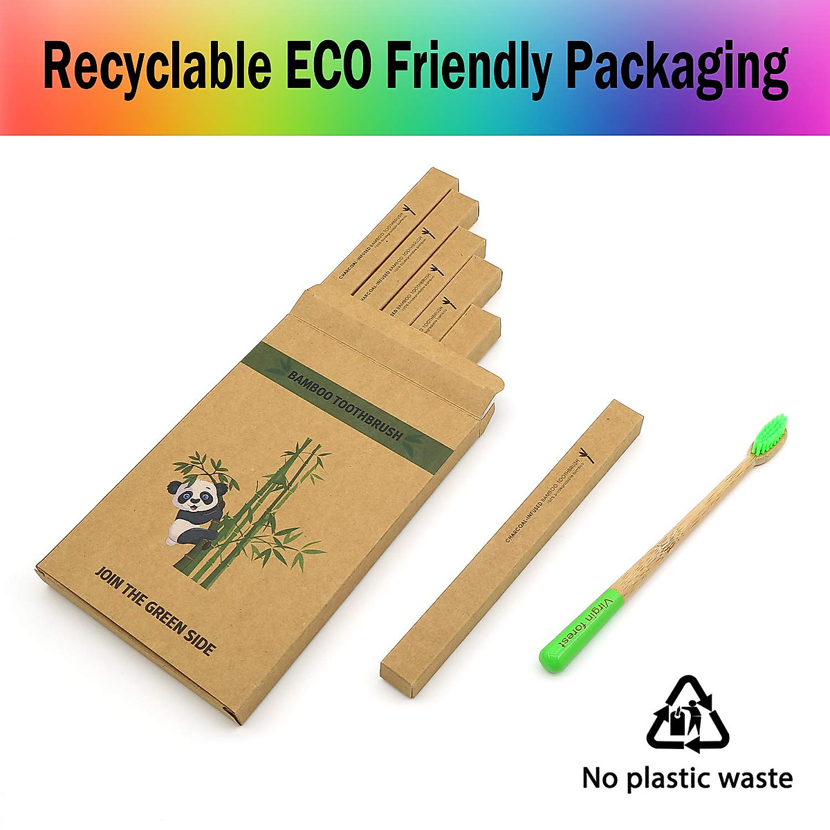 Virgin Forest Bamboo Toothbrush, Natural Eco Friendly Biodegradable Wood Toothbrushes, Vegan Organic Charcoal Tooth Brush, Pack of 6