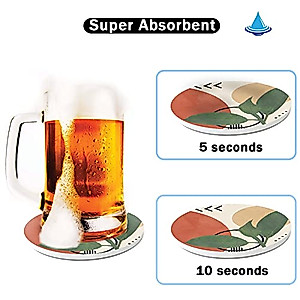 HOPONY Coasters for Drinks,6 Pieces Ceramic Stone Coaster Set with Metal Holder Stand, Cork Base,Absorbent Cups Place Mats for Home Decor,Abstract Leaf