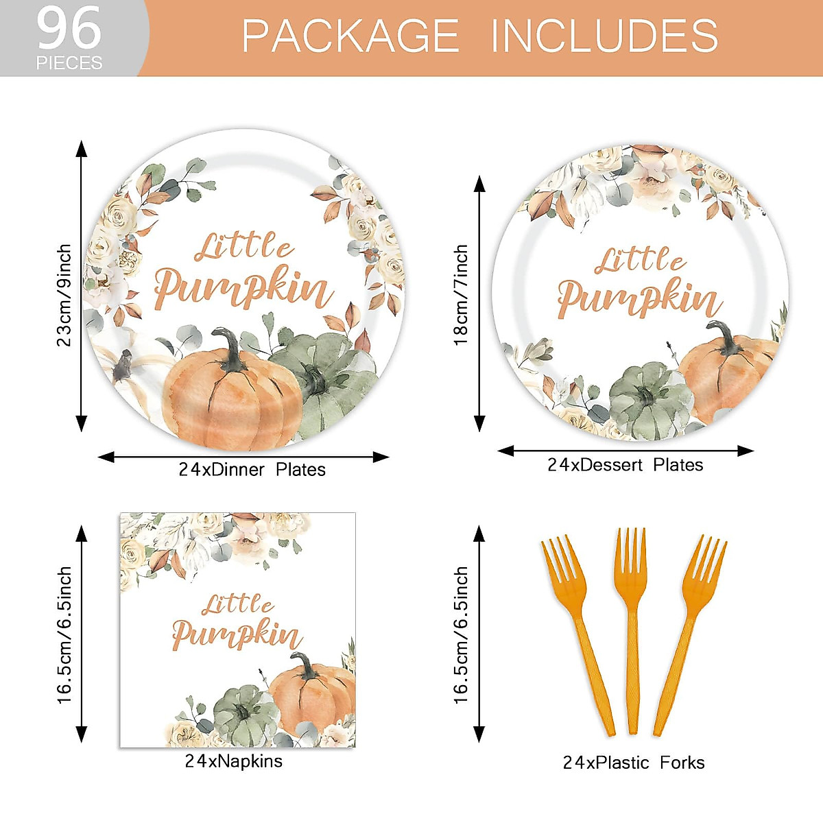 96 PCS Little Pumpkin Baby Shower Tableware Sets Party Decorations Fall Autumn Pumpkin Paper Plates Napkins Forks Pumpkin Floral Birthday Party Supplies for 24 Guests