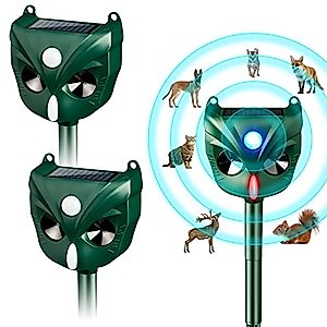 2 Pcs Solar Ultrasonic Animal Repeller with Motion Sensor and LED Flashing Light Squirrel Repellent 110 Degree Cat Deterrent Outdoor Animal Motion Detection for Dog Deer Fox Bird Garden Farm
