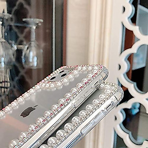 Guppy for iPhone 12 Pro Max Women Girls Bling Diamond Pearl Case Luxury Glitter Handmade Rhinestones Soft Silicone Rubber Sparkly Shiny Protective Cover Case for iPhone 12 Pro Max 6.7" Clear