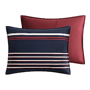 Nautica Duvet Cover Set Cotton Reversible Bedding with Matching Shams, Medium Weight for All Seasons, Queen, Mineola Red/White/Navy