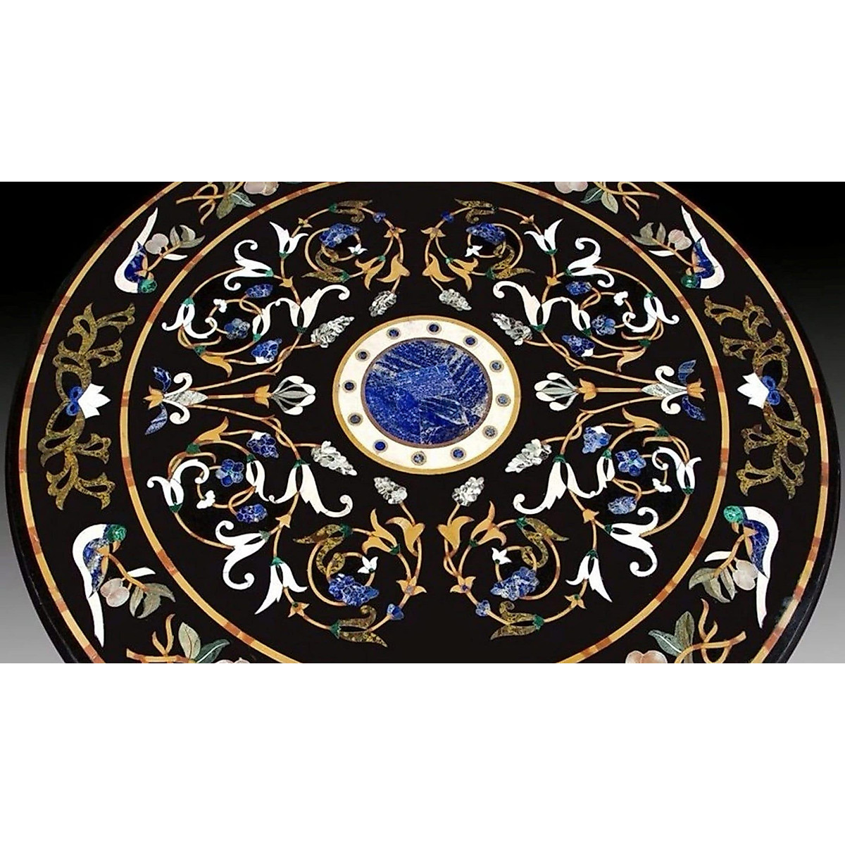 Natural Black Marble Round 24" x 24" Inch Coffee Table Top, Pietra Dura Semi Precious Stones Inlay Centre Table Top, Patio Table Top, Side Table Top, Piece Of Conversation, Family Heir Loom