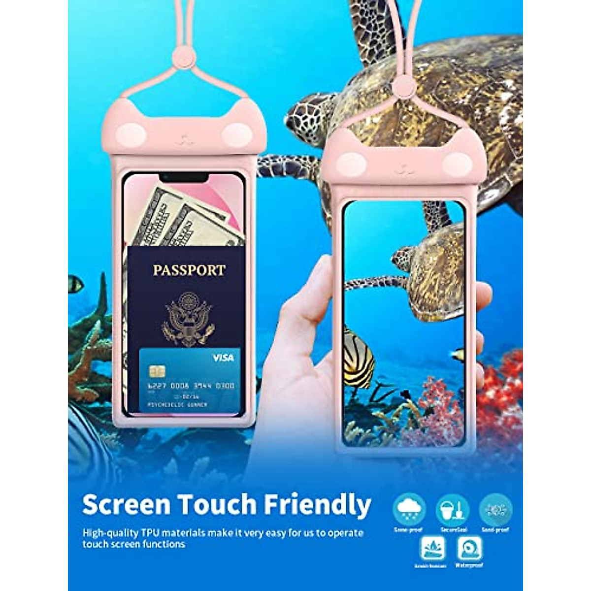 2 Pack Lovely Waterproof Phone Pouch with Lanyard Cell Phone IP8X Diving Outdoor Beach Underwater Up to 7.0" Universal Phone Case Dry Bag 3D Seamless HD TPU Dustproof Touch for iPhone Meow Pink Blue