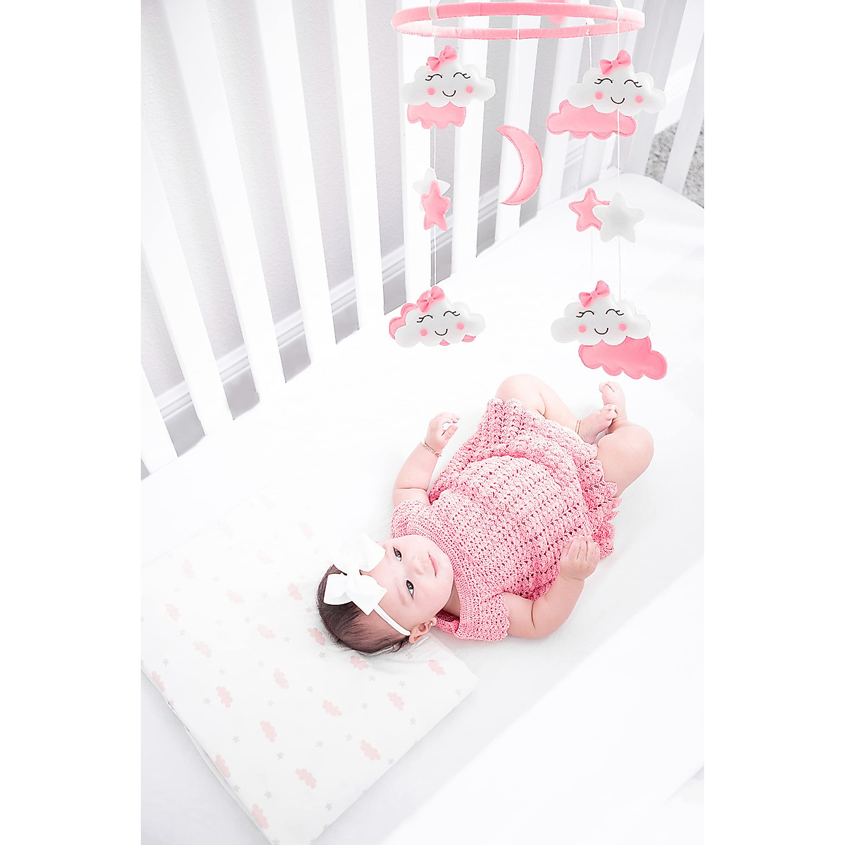 Piccolin Baby Crib Mobile, Hanging Toys, Nursery Decor for Girls White and Pink Room Decorations, Clouds, Moons and Stars Safe, Non-Toxic, Crib Mobile for Newborn, Baby Shower Present