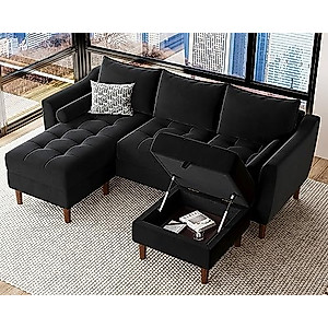 Belffin Black Velvet Fabric U Shaped Sectional Couch with Chaise Small Reversible Sectional Sofa Couch 4-Seater Sectional Sofa Sleeper with Storage Ottoman Foot Rest for Apartment