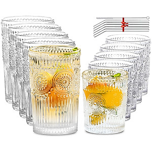 Lvtrupc 10Pcs Vintage Drinking Glasses - Romantic Highball Glasses & Rocks Glasses, Striped Glass Tumbler Cups for Water Coffee Juice Cocktail, Luxurious Floral Embossed Clear Glassware Set