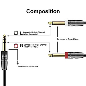 J&D 1/4 inch TRS Cable, Copper Shell 6.35mm 1/4 inch TRS Male to Dual 6.35mm 1/4 inch TS Male Stereo Y Splitter Insert Cable, Gold Plated Mono Breakout Cable Audio Cord, 15 Feet