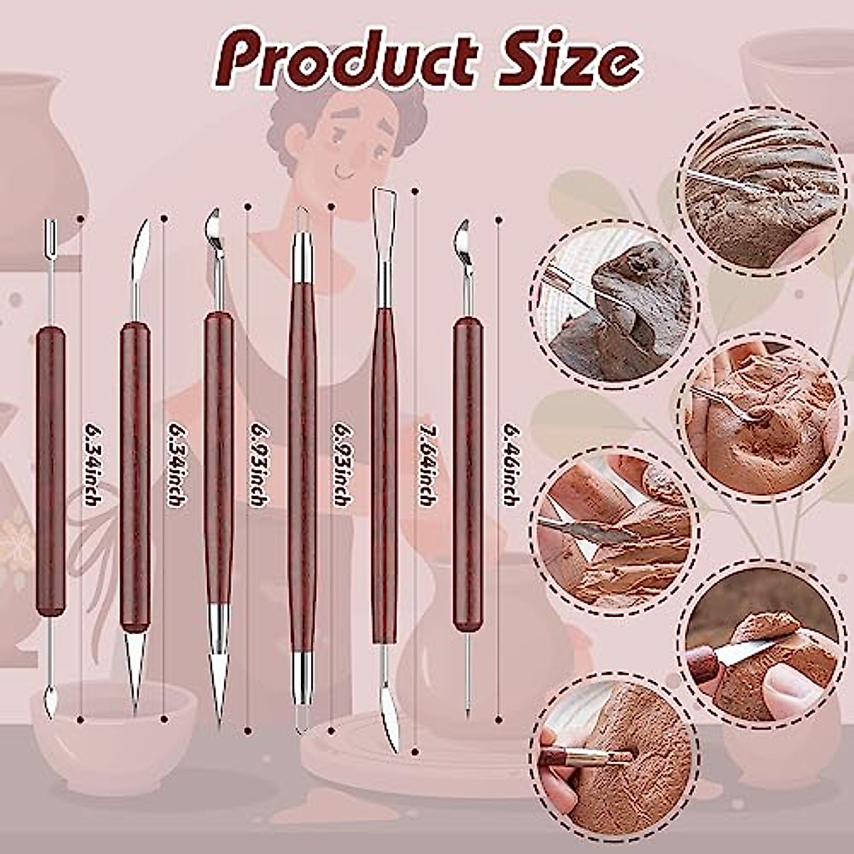 6PCS Clay Tools Sculpting, Double-Sided Polymer Carving Tools Kit, Wood Ceramic Tool Set for Pottery, Air Dry Clay, Polymer Clay, Sculpting, Modeling, Pumpkin Carving, Soap Carving and Supplies
