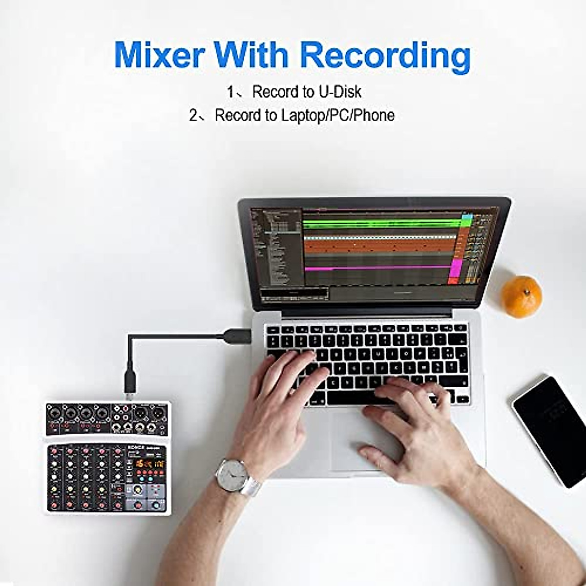 BOMGE 6 Channel Audio Sound Mixer - Professional Digital DJ Mixing Console for Live Streaming, Karaoke and Stereo Recording - With PC Computer Record Playback/Bluetooth/MP3/USB/48V /16 DSP Echo