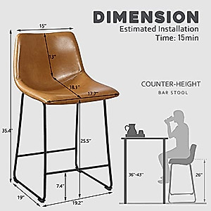 Waleaf 26 inch Bar Stools Set of 2,Counter Height Bar Stools with Back, Modern PU Leather Stools with Metal Leg and Footrest,Dining Chairs for Kitchens Island,Armless Pub Stools for Rustic Bar
