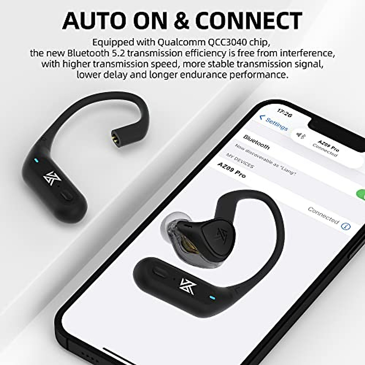 G.K KZ AZ09 Pro Wireless Adapter Cable Qualcomm QCC3040 Bluetooth 5.2 Module Upgrade Cable Ear Hook with 0.75/0.78mm(Black)