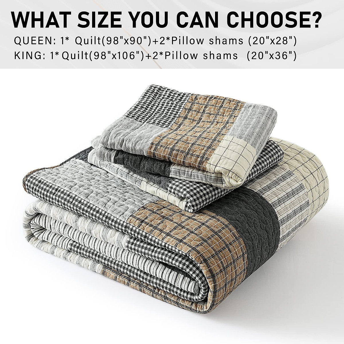 PERHOM Quilt Queen Size - 100% Cotton Farmhouse Rustic Queen Quilt Set, Cabin Bedding Set Bedspreads, Lodge Lightweight Patchwork Plaid Quilted Comforter for Queen Bed, Grey/Brown/Beige