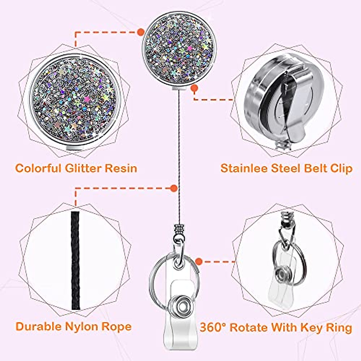 Boutilon Retractable Badge Holder, Retractable Badge Reels,Lightweight Plastic Badge Reel Card Holder with Key Ring Backing Belt Clip for Nurse,Volunteer,Teacher,Student(Pretty Sliver Stars)