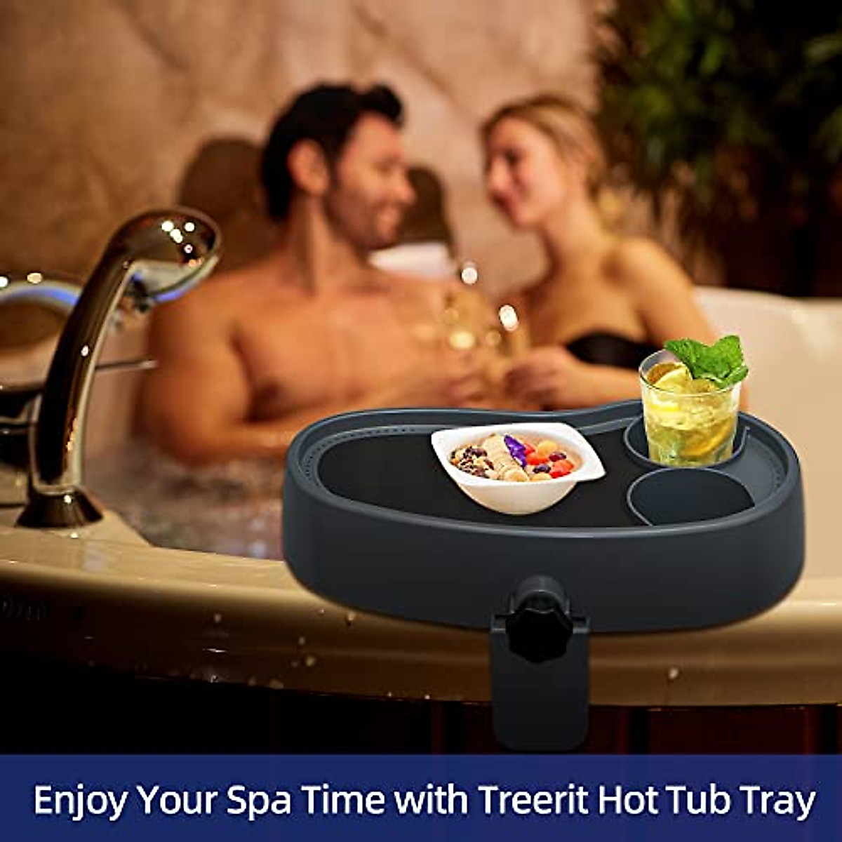 Treerit Hot Tub Table, Adjustable Hot Tub Tray with 2 Cup Holder, Hot Tub Accessories, Stable, Heavy-Duty, Nonslip Hot Tub Drink Holder for Aboveground Bathtub, Spa with Wall Thickness Of 2'' to 7.5''